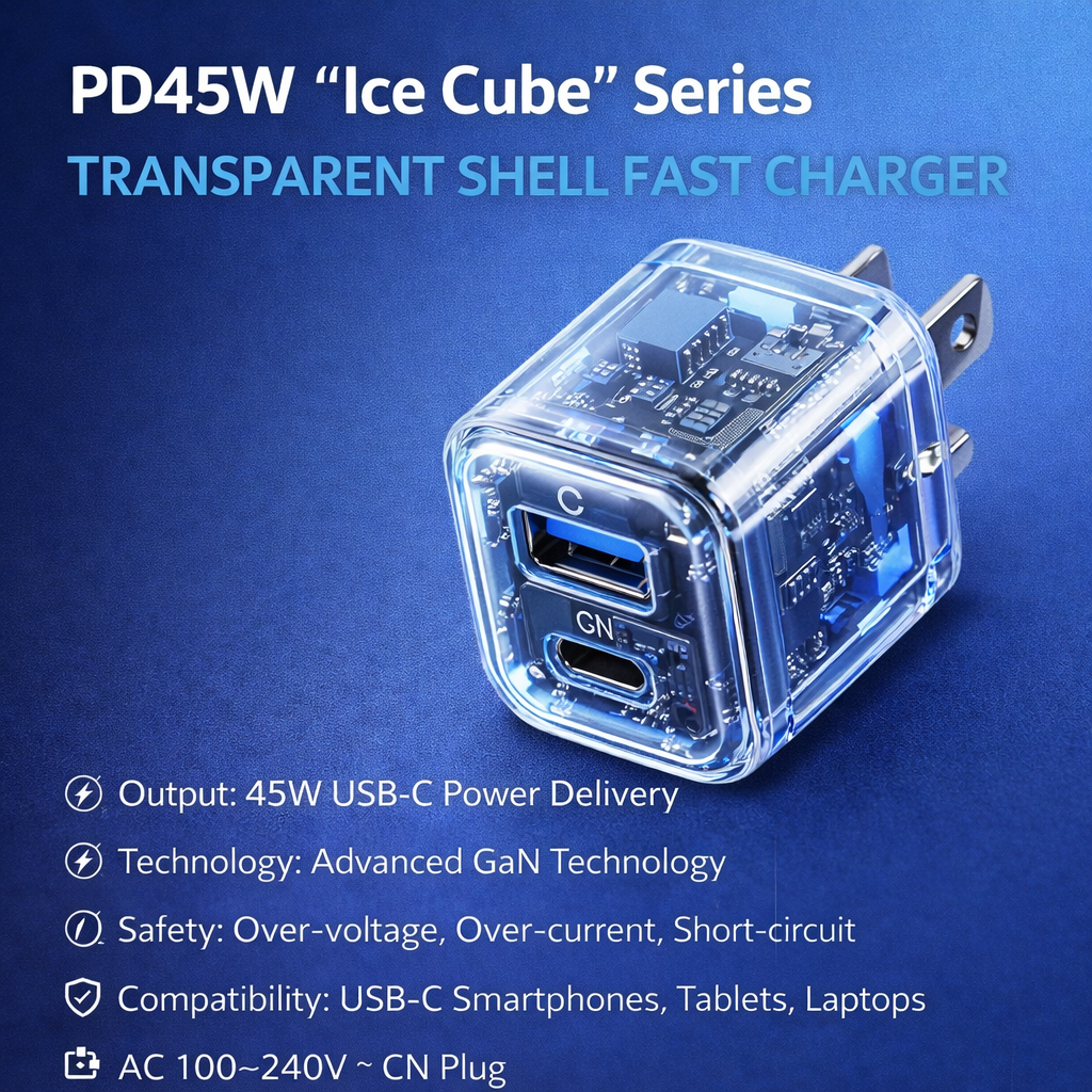 PD45W “Ice Cube” Series Transparent Shell Fast Charger – Dual USB-C ...